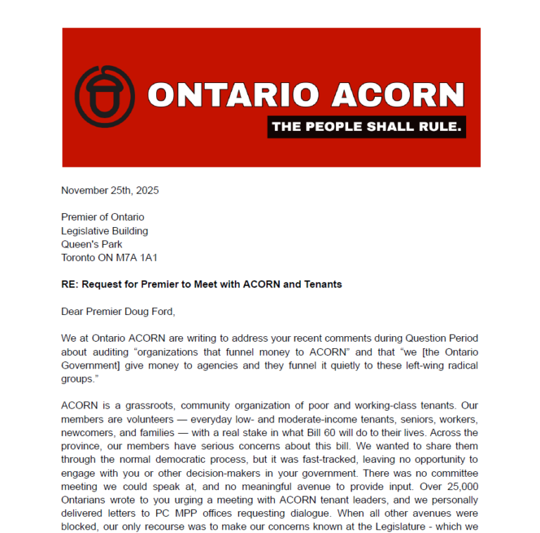 Request for Premier to Meet with ACORN on Bill 60